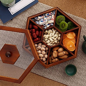 Wooden Dried Fruit Box, Multifunction Snack Storage Container Sectional Tray with Clear Window on the Lid, 7 Compartments Party Serving Platter for Candy/Nut/Sweets Cookies