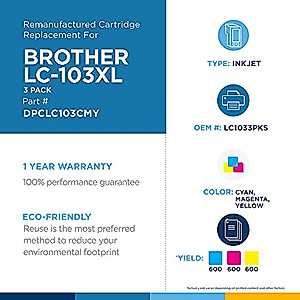 Dataproducts Brand Remanufactured Ink Cartridge Replacement for Brother LC-103 LC1033PKS | Cyan, Magenta, Yellow 3 Pack