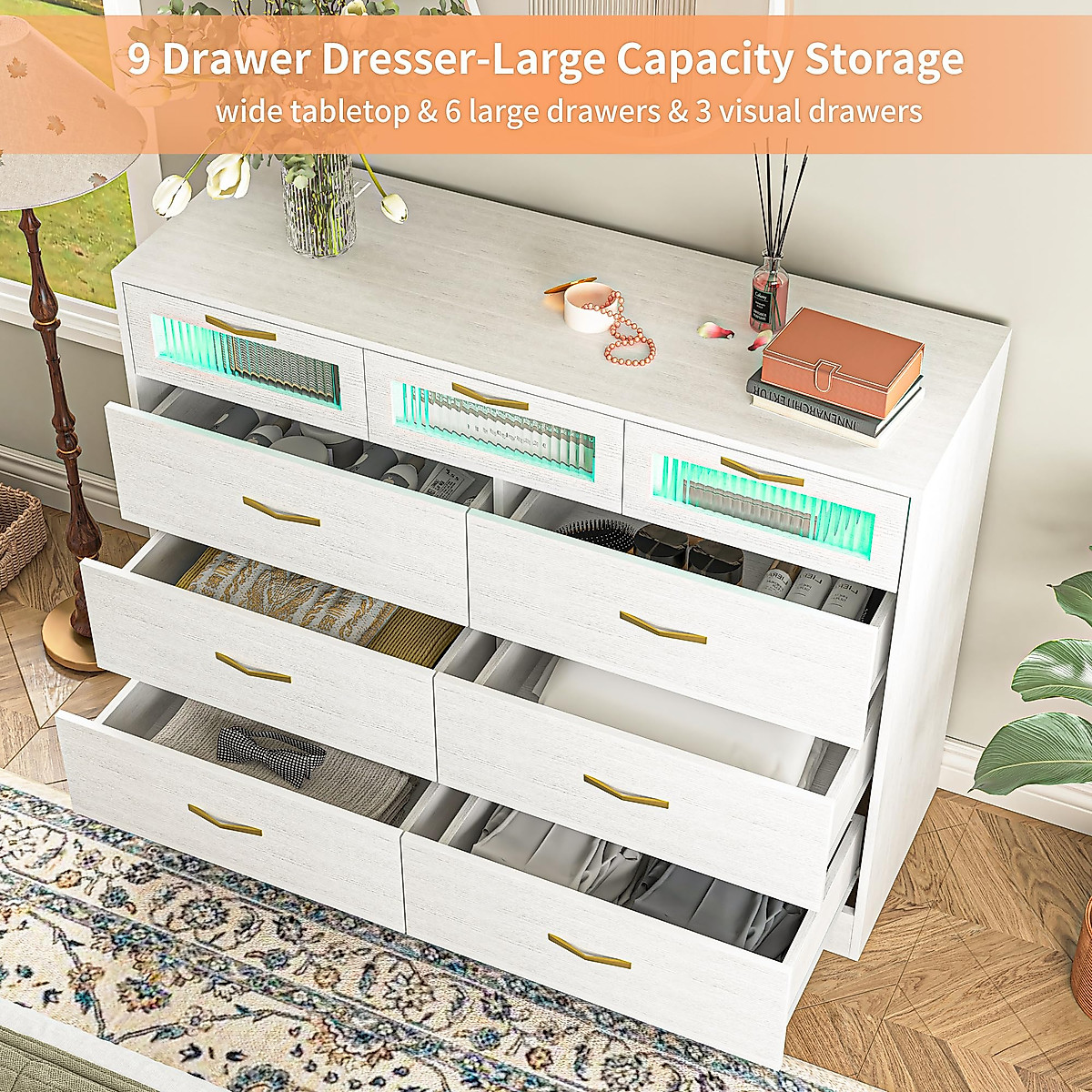 Vibe & Dine 9 Drawer Dresser with LED Lights and Charging Station, Modern Chest of Drawers Closet Organizer, Wood Wide Storage Dresser for Bedroom, Living Room