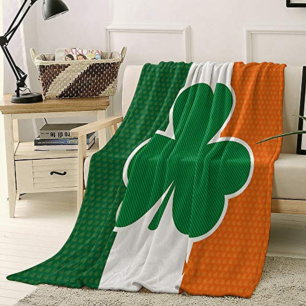 Luxury Extra Soft Throw Blanket St. Patrick's Day Irish Flag Printed Flannel Fleece Reversible Blankets Super Warm Cozy Couch Blanket 40x50Inches