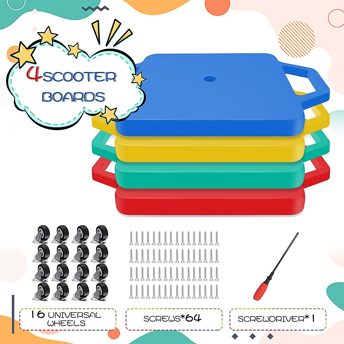 4 Pack Sports Scooter Board with Handles, Floor Scooter, Sitting Scooter Board for Kids Sports Activities, Age: Over 6 Years Old