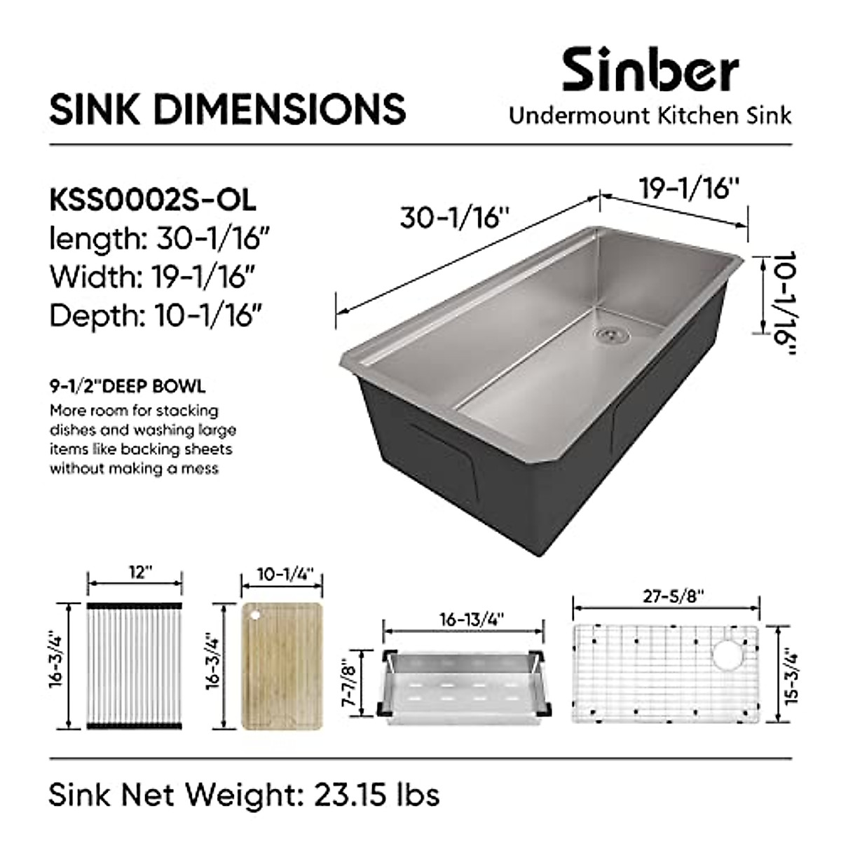 Sinber 30" x 19" x 10" Undermount Single Bowl Workstation Kitchen Sink with 16 Gauge 304 Stainless Steel Satin Finish 6 Accessories KSS0002S-OJ
