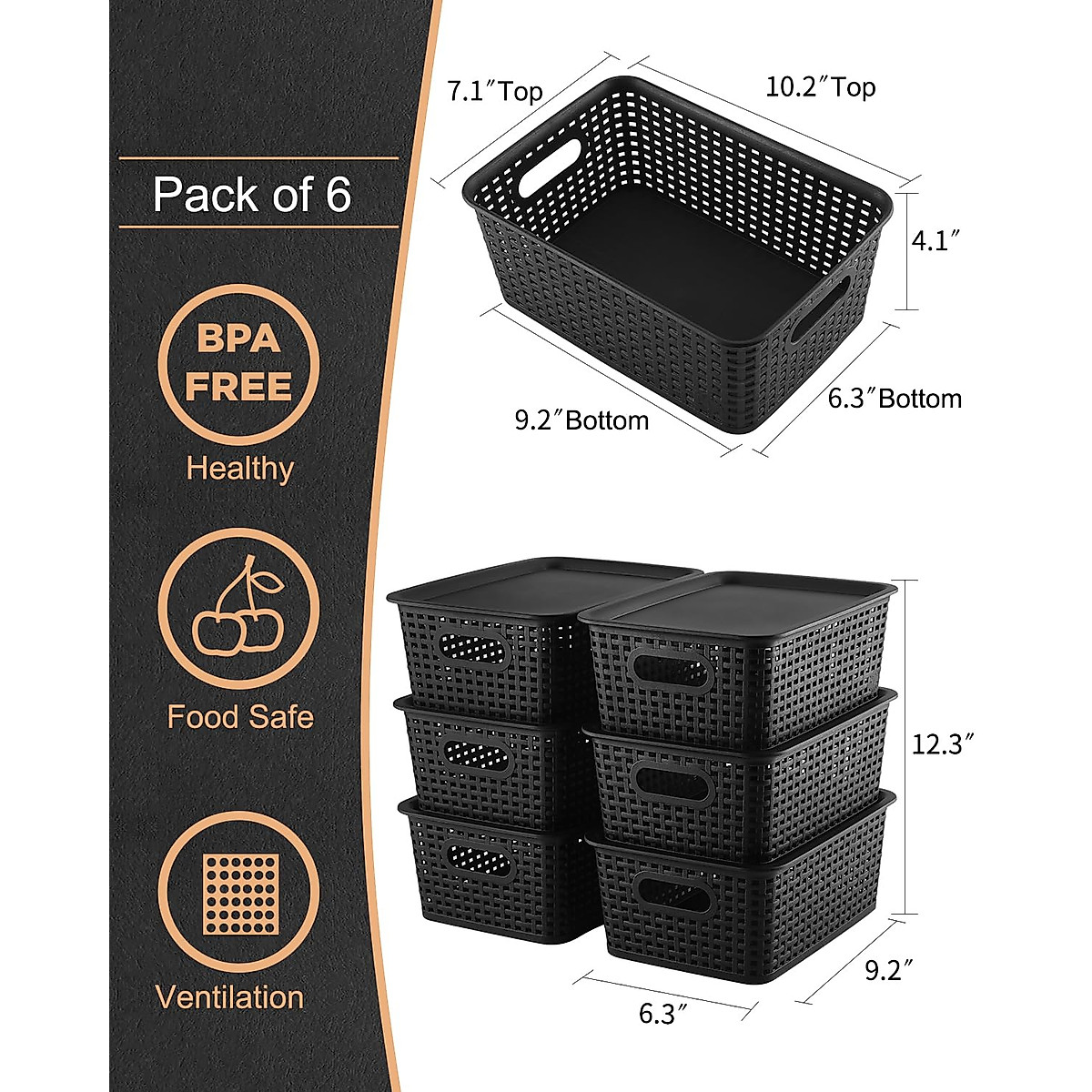 AREYZIN Storage Bins Plastic Storage Baskets With Lid Small Baskets for Organizing Stackable Storage Container Organizer Bins for Shelves Drawers Desktop Playroom Classroom Office, 6 Pack,Black