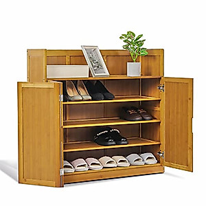 MoNiBloom 4 Tier Shoe Cabinet, Bamboo Free Standing Shoe Shelf Oragnizer Storage with Doors & High Baffle for 16-20 Pairs Home Entryway Hallway Office Bedroom, Brown