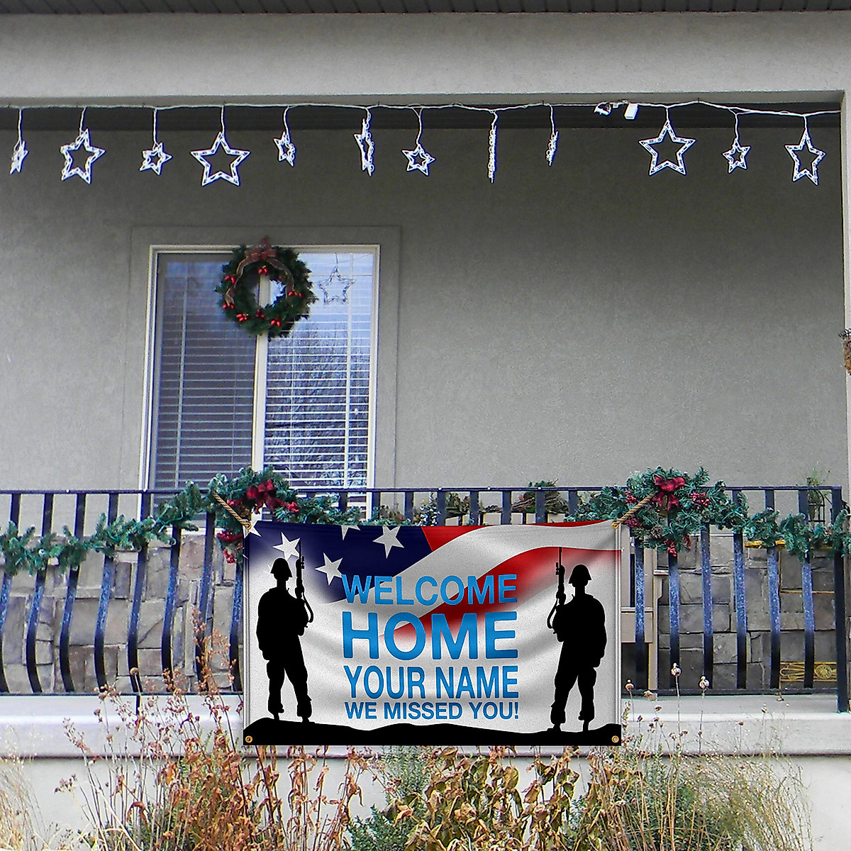 BannerBuzz Vinyl Banner, Welcome Home We Missed You Soldier, PVC Flex, 11 oz, Hemmed Edges with Grommets, Single Sided Print, Full Color 600DPI Eco Solvent Printing (10' W X 4' H)