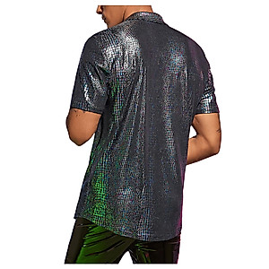 WDIRARA Men's 70s Sparkly Disco Top Crocodile Pattern Metallic Rave Button Front Shirt Short Sleeve Party T Shirt