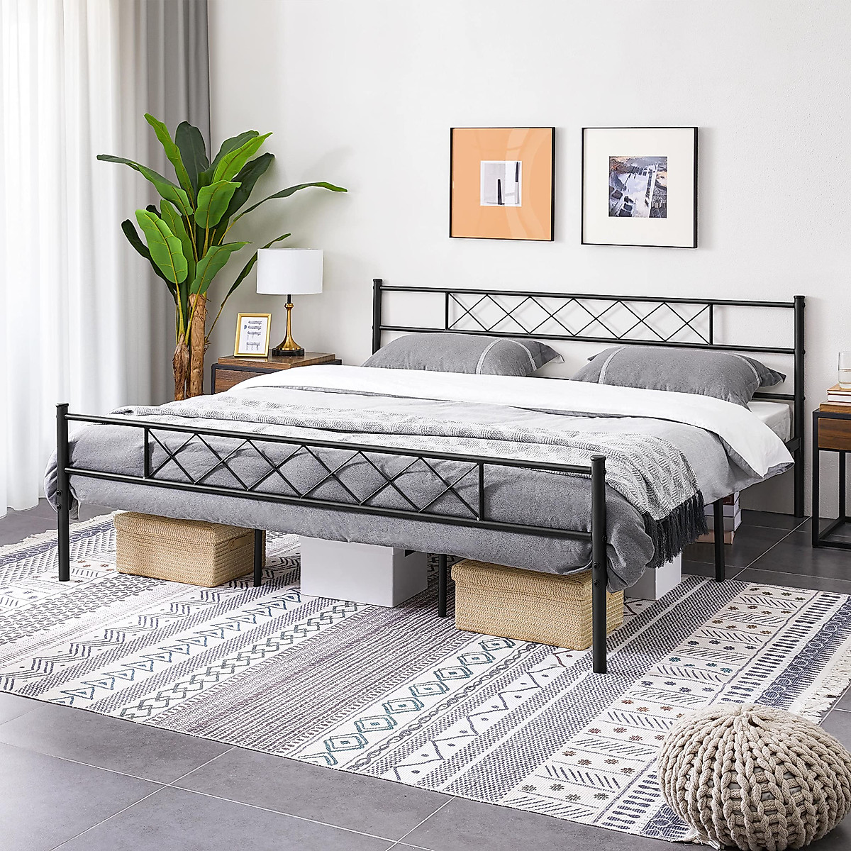 Yaheetech Metal Platform King Bed Frame Mattress Foundation with Headboard and Footboard No Box Spring Needed Under Bed Storage Steel Slats Black