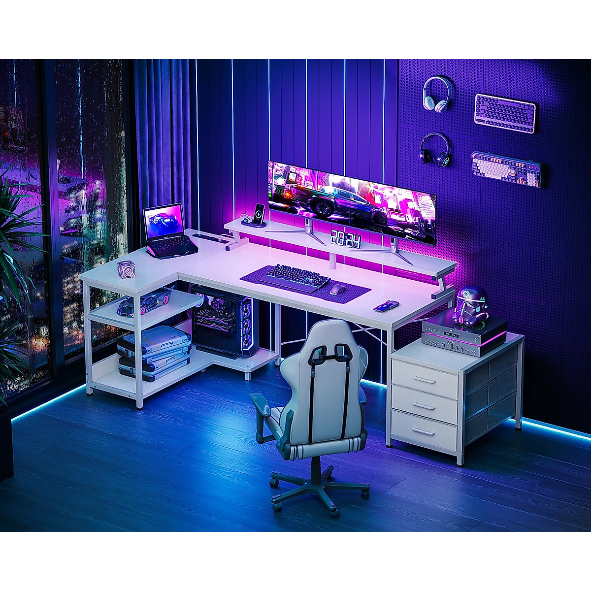 AODK L Shaped Gaming Desk with Drawers, Reversible Corner Computer Desk with LED Lights & Power Outlets, Large Home Office Desk withMonitor Stand & Storage Shelf, 58Inch - 71Inch, White