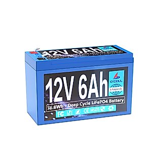 OCELL 12V 6Ah Lithium Iron Phosphate Battery, Rechargeable LiFePo4 Battery with 10 Years Lifetime, Low Self-Discharge for Kid Scooters, Security Alarm, Power Wheel, Fish Finder, Emergency Lighting