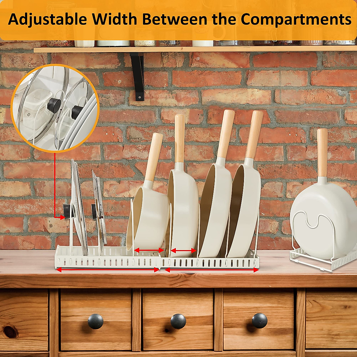 COZIMORE Pots and Pans Organizer,Pan Organizer rack for cabinet, and Rack Organizer with 7 dividers,Dish Rack for Cabinets, Lid Organizer, Cabinet Organizer WHITE