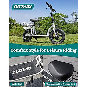 Gotrax Astro Electric Scooter with Seat, 14" Pneumatic Tire and 19 Miles Range&15.5Mph Power by 350W Motor, Comfortable Rear Dual Shock Absorption&Wider Seat, EBike with Carry Basket for Adult White