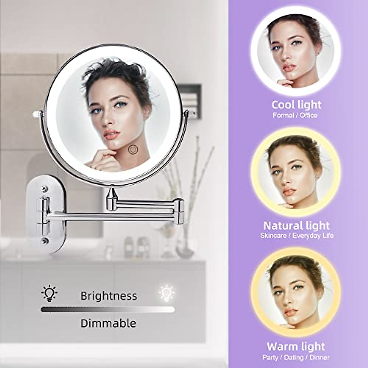 Wall Mounted Lighted Makeup Mirror, 1X 10X Magnifying Mirror with Light 3 Color Dimmable, 8'' Double Sided LED Light up Bathroom Vanity Mirror with Magnification, 360° Extendable Arm Shaving Mirror