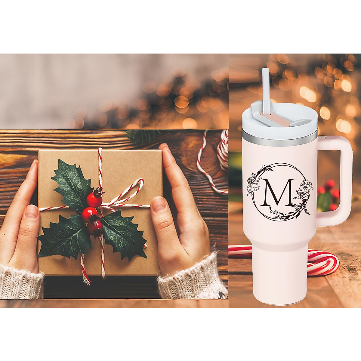 AMZUShome Personalized 40oz Tumbler Cup with Initials.Cup with Letter M 40oz Tumbler with Handle.Custom Tumbler Cup with Letter.Initial Monogram Tumbler Mug Gifts for Women Birthday Christmas.