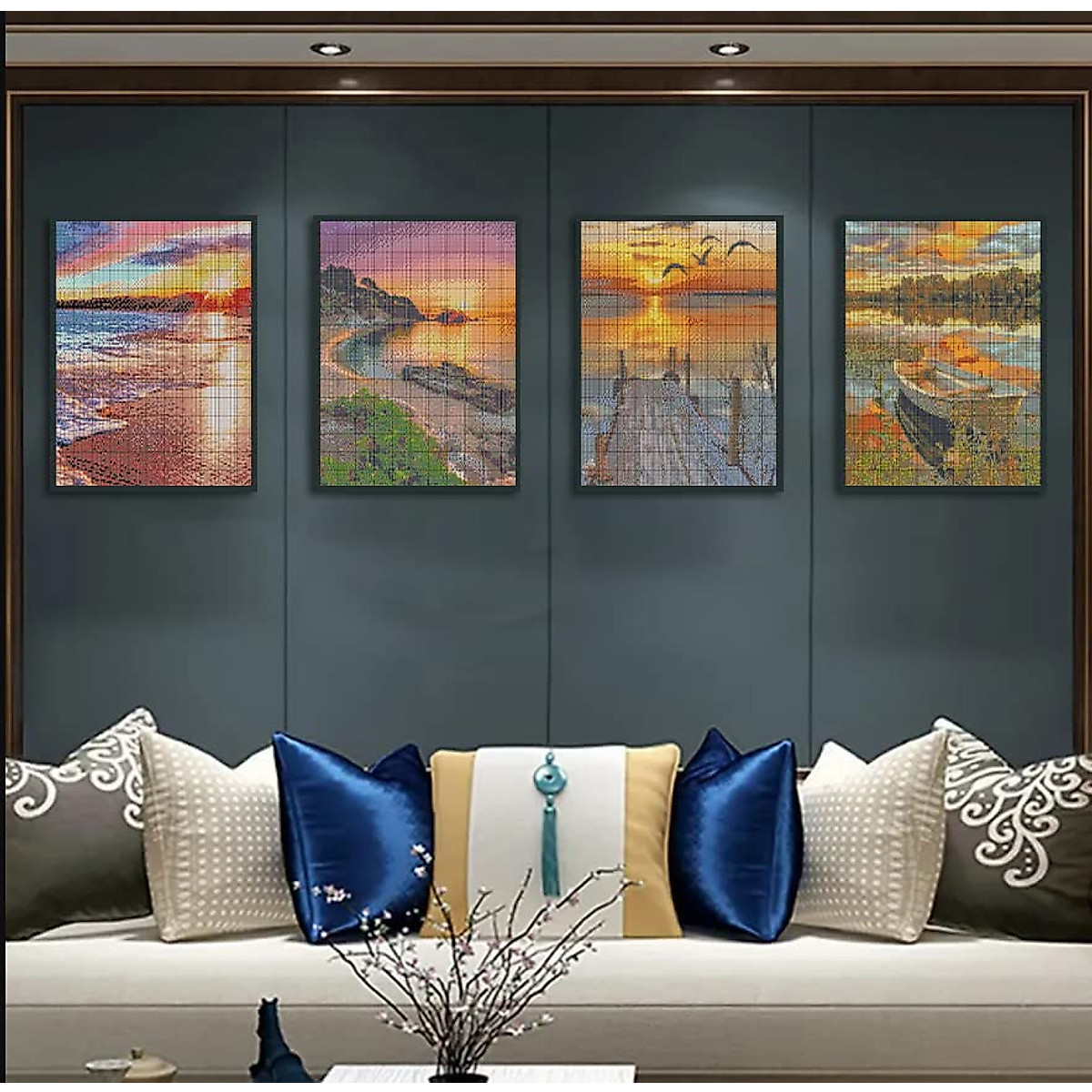 LWZAYS 4 Pack Cross Stitch Kits-Stamped Cross Stitch Kits for Adults Landscape Counted DIY Embroidery Needlepoint Kits Home Decor 12x16inch