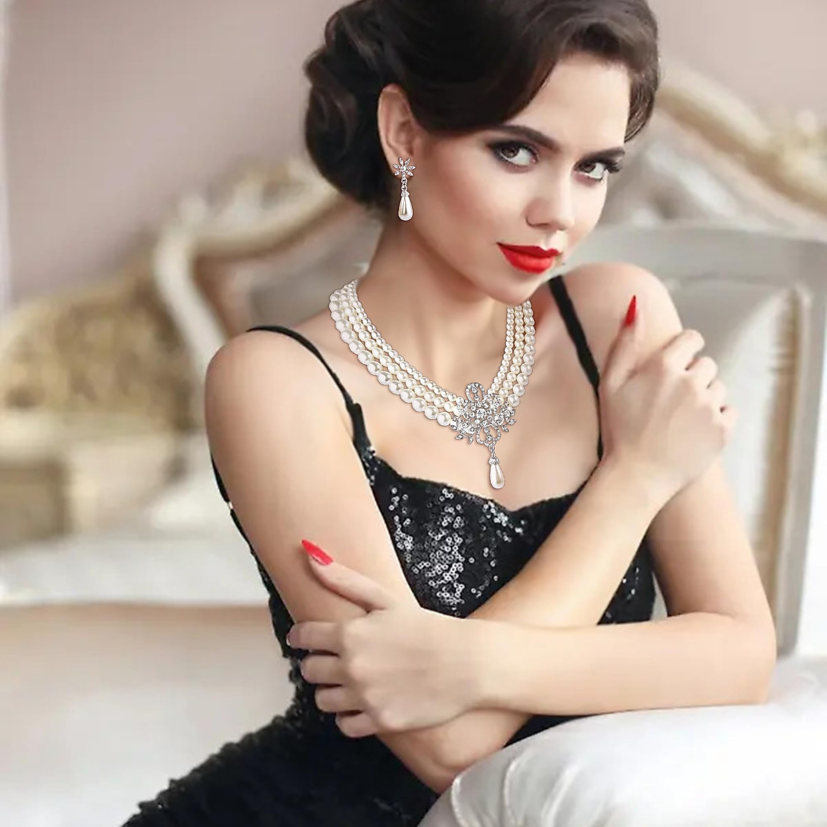 EleQueen Women's Silver-Tone Ivory Simulated Pearl Crystal Victorian Style Statement Necklace Earrings Bridal Wedding Sets