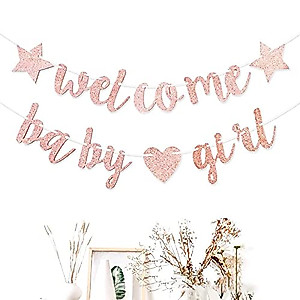 KUNGOON Welcome Baby Girl Party Banner,Rose Gold Glitter Paper Sign for Baby Shower,Baby Girl Party Decoration Gifts.