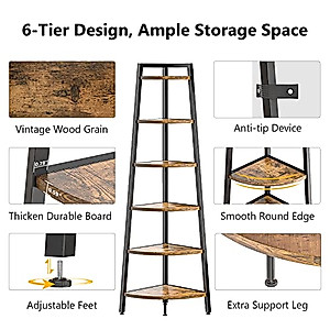 Lulive 6 Tier Corner Shelf, 68.9" Industrial Tall Corner Ladder Shelf Stand, Corner Bookshelf Bookcase for Living Room, Home Office, Balcony, Small Space