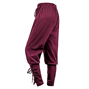 Men's Ankle Banded Cuff Renaissance Pants Medieval Viking Navigator Trousers Pirate Cosplay Costume with Drawstrings Wine Red-2XL