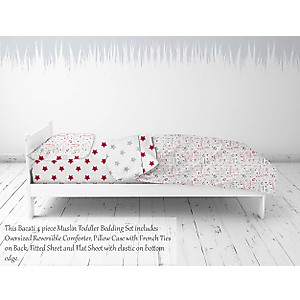 Bacati - Muslin Sports 4 Piece Boys Toddler Bedding Set 100 Percent Cotton Includes Reversible Comforter, Fitted Sheet, Top Sheet, and Pillow Case (4 pc Toddler Bedding Set, Baseball Red/Grey)