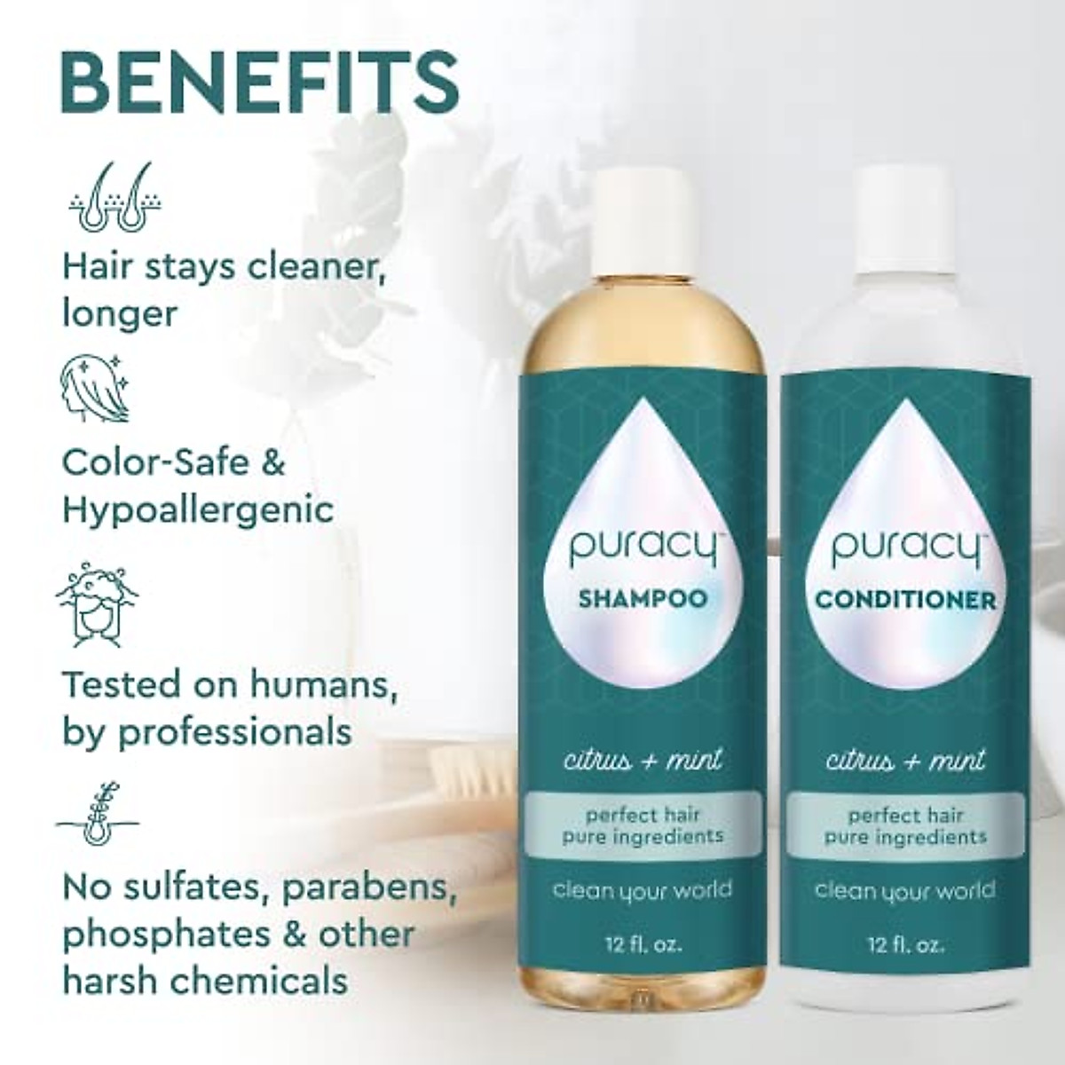 Puracy Shampoo and Conditioner Set, Sulfate-Free, Hair Stays Clean and Silky Longer with LexFeel N5, Color-Safe, 16 Ounce (2-Pack) (12 Fl Oz (Pack of 2))