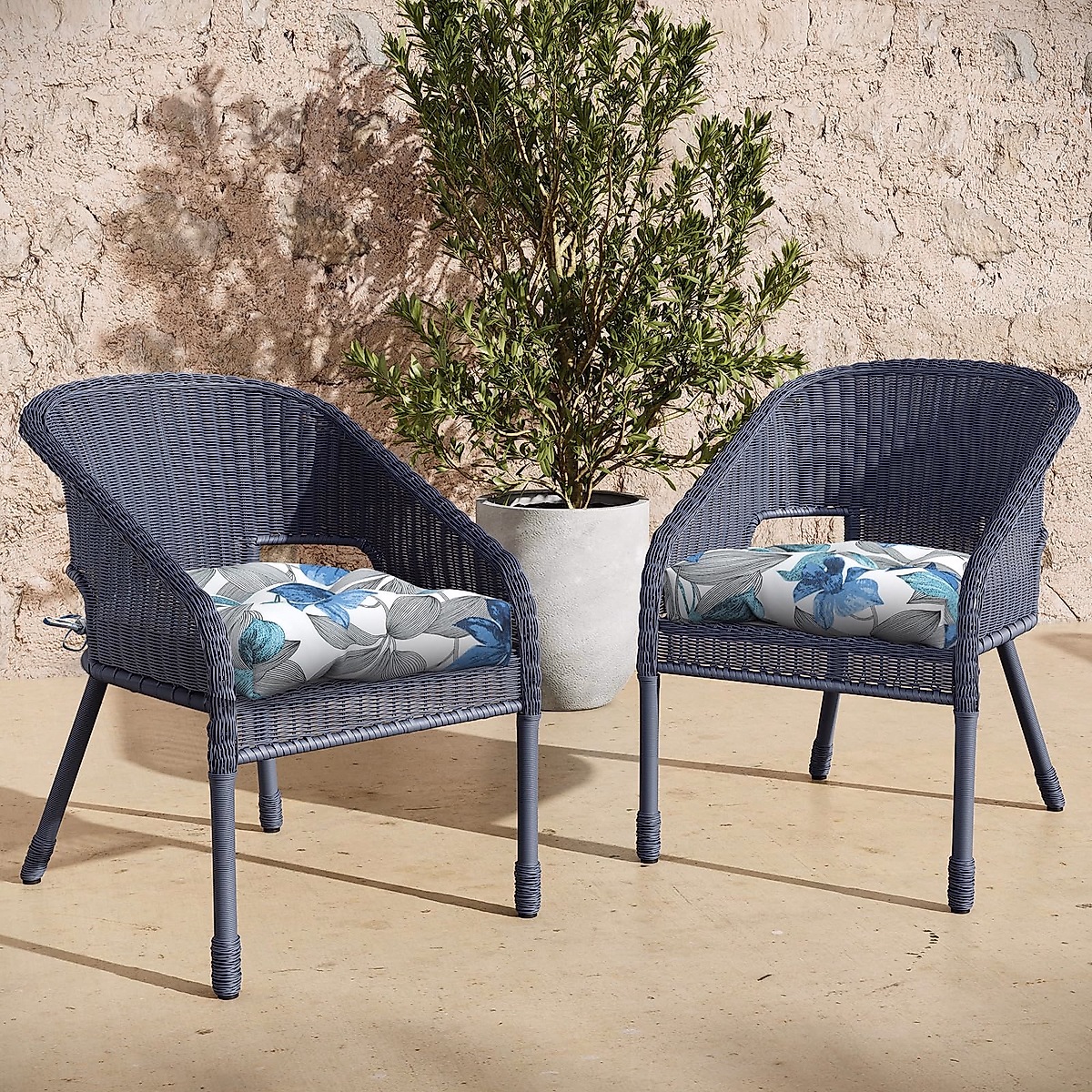 LVTXIII Outdoor Wicker Seat Cushions, Decorative Tufted Chair Pads 19"x19"x4" Seat Cushion Sets for Patio Garden Home Office Chair, Round Back, Set of 2, Clemens Noir Blue