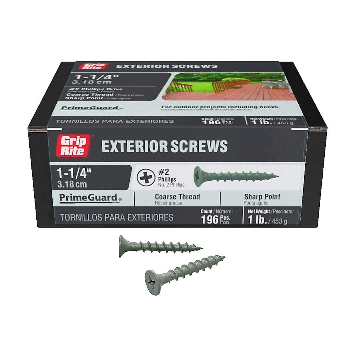 Grip-Rite PTN114S1 PG10 Polymer Coated #6 x 1-1/4" Coarse Thread Deck Screw, Gray, 1lb Box