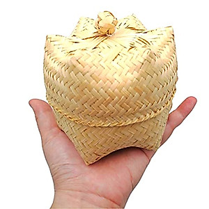 Bamboo Sticky Rice Serving Basket 4.5 x 3.5 Inch, Kratip, Intricately Woven Container, Hexagon-Shaped Weave Pattern, Thailand Handmade, Natural Color (Original Natural Bamboo Color)