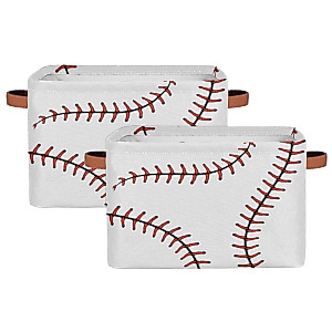 Baseball Storage Bin Basket, White Softball Large Toys Storage Cube Box with Handles, Collapsible Laundry Basket Rectangular Waterproof Storage Organizer Bin for Nursery Bedroom Shelves Gift Basket