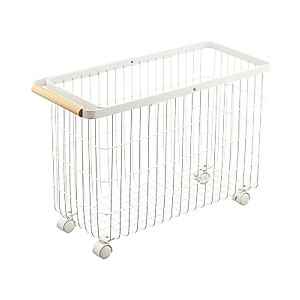 Yamazaki Home Tosca Compact Rolling Laundry Basket Cart - Metal Hamper With Wheels And Handle For Easy Mobility - Space-Saving Storage Solution, 15" - Steel + Wood - 9.2 Gallons, 35L