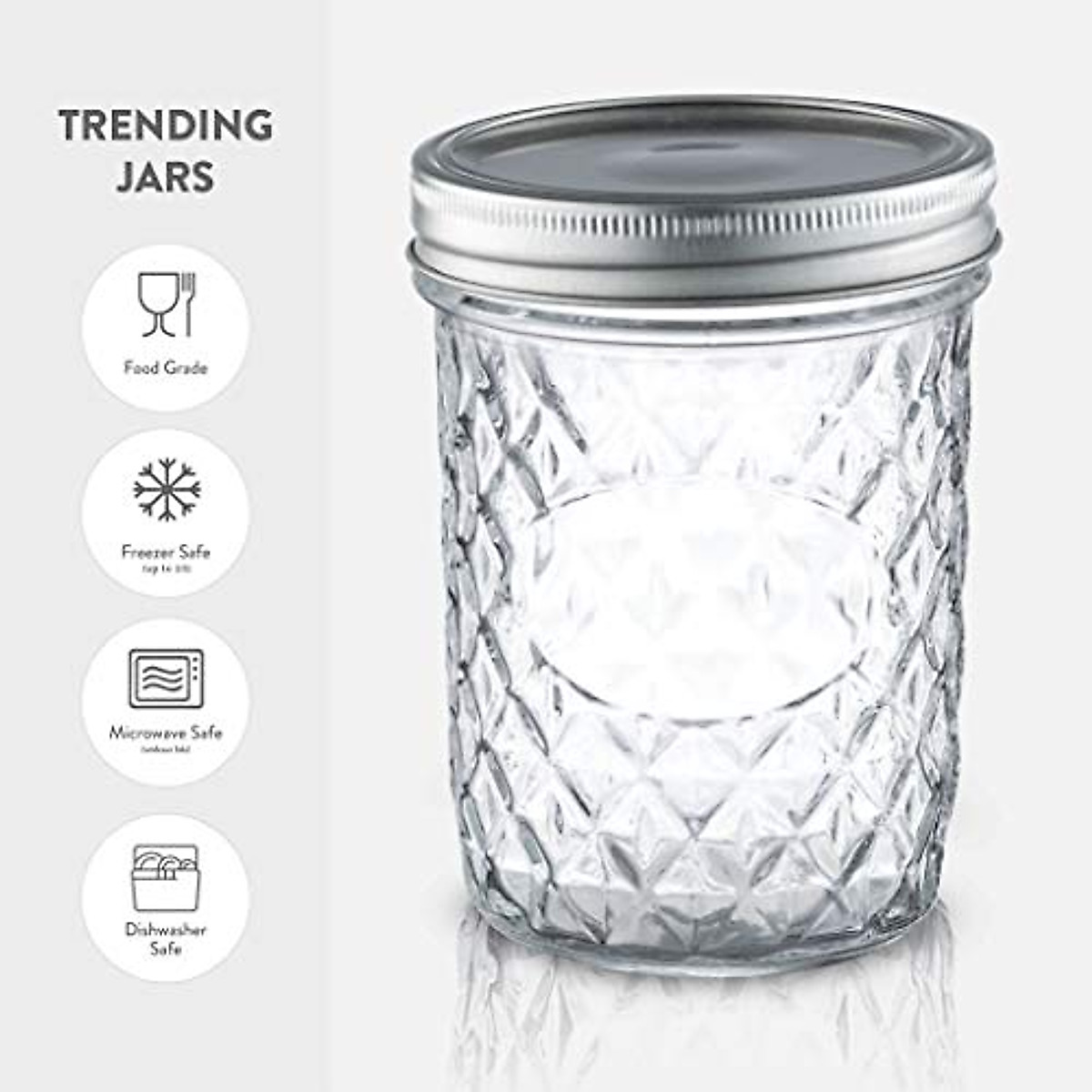 Paksh Novelty Mason Jars 16 oz - 6-Pack Quilted Wide Mouth Glass Jars with Lid & Seal Bands - Airtight Container for Pickling, Canning, Candles, Home Decor, Overnight Oats, Fruit Preserves