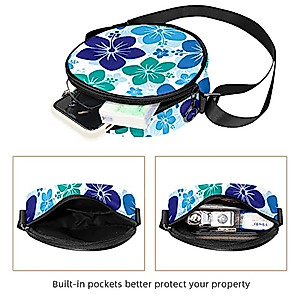 Watercolor Hawaiian Hibiscus Flowers Crossbody Bag for Women Teen Girls Round Canvas Shoulder Bag Purse Tote Handbag Bag