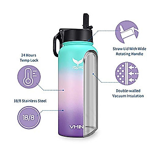 Vmini Water Bottle with Straw, 32 oz and 22 oz Vacuum Insulated 18/8 Stainless Steel, Wide Mouth and Standard Mouth Straw Lid with Wide Rotating/Fixed