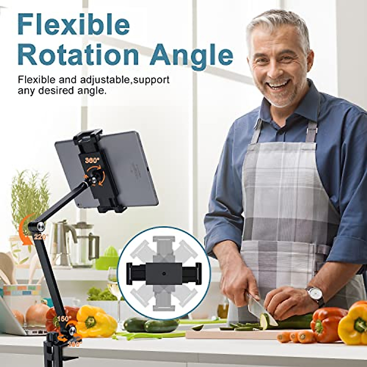 ZEXMTE Tablet Stand Holder, Adjustable Desktop Tablet Holder Mount Foldable Phone Stand with 360° Swivel Phone Clamp Mount Holder,Stable Tablet Stand for iPad 4.7-12.9" Tablets/Phones-Black