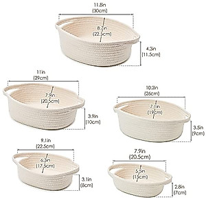 EZOWare Set of 5 Small Cotton Rope Storage Basket, Decorative Nesting Woven Round Organizer Bin with Handle for Kids Baby Closets, Room Decor, Dog Cat Toys, Towels, Gift Baskets Empty - Natural White
