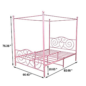 Albearing Canopy Bed Frame Platform Metal Bed Frame Heavy Duty Steel Slat and Support with Headboard and Footboard No Box Spring Required (Queen, Pink)