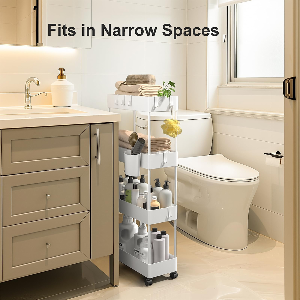 Pipishell Slim Storage Cart with Wheels, 4 Tier Bathroom Storage Organizer Rolling Utility Cart for Bathroom Kitchen Laundry Room Office Narrow Place (White)