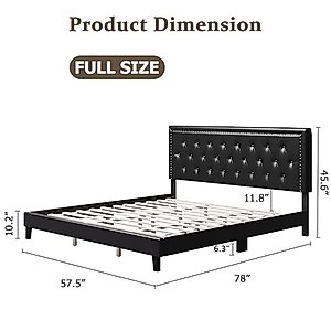 Homhougo Full Size Bed Frame with Adjustable Headboard, Upholstered Platform Bed with Button Tufted Faux Leather Headboard, Wood Slat Support, Noise-Free, No Box Spring Needed, Easy Assembly, Black