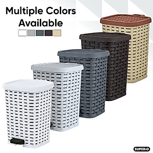 Superio Square Pedal Trash Can 7.5 Qt Ivory Beige - Wicker Style Compact Trash Can for Small Spaces, Small Trash Bin Rattan Look