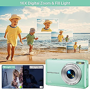 Digital Camera, Kids Camera with 32GB Card FHD 1080P 44MP Vlogging Camera with LCD Screen 16X Zoom Compact Portable Mini Rechargeable Camera Gifts for Students Teens Adults Girls Boys-Green