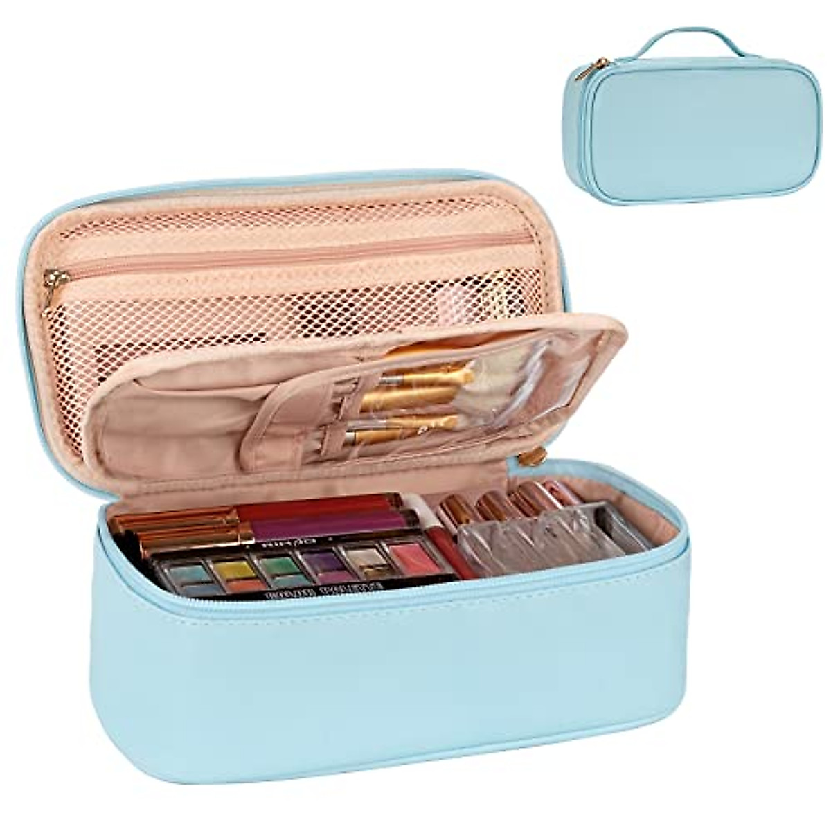 OCHEAL Small Makeup Bag,Portable Cute Travel Makeup Bag Pouch for Women Girls Makeup Brush Organizer Cosmetics Bags with Compartment-Lake Blue
