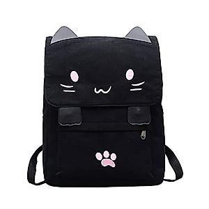 Black/Pink College Preppy Backpack Cute Cat Embroidery Canvas School Backpack Bags for Kids Lightweight Travel Kitty Rucksack