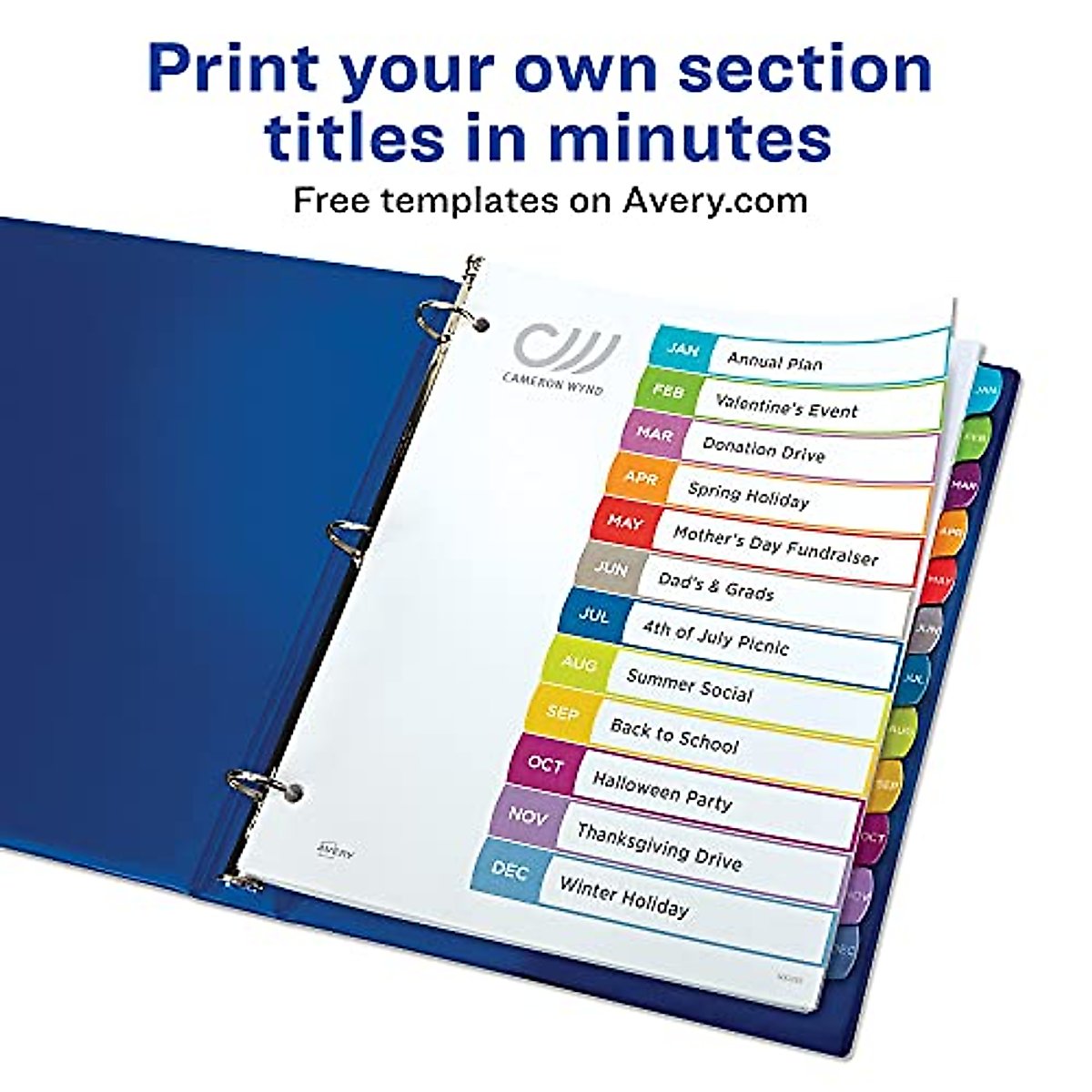 Avery 12-tab Dividers for 3 Ring Binders, Customizable Table of Contents, Multicolor Tabs, 1 Set (11847)