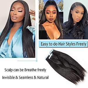Tape in Hair Extensions Human Hair 40 Pcs Light Yaki Straight Tape in Extensions for Black Women Urbeauty Seamless Invisible Tape Hair Extensions Real Human Hair Natural Black Color 18 Inch