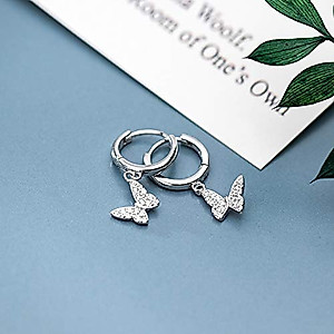 Dainty Butterfly Dangle Hoop Earrings 925 Sterling Silver for Women Girls Cute CZ Crystal Diamond Sparkly Charm Drop Cartilage Small Huggie Hoops 10mm Fashion Jewelry Christmas Gifts Hypoallergenic (Silver)