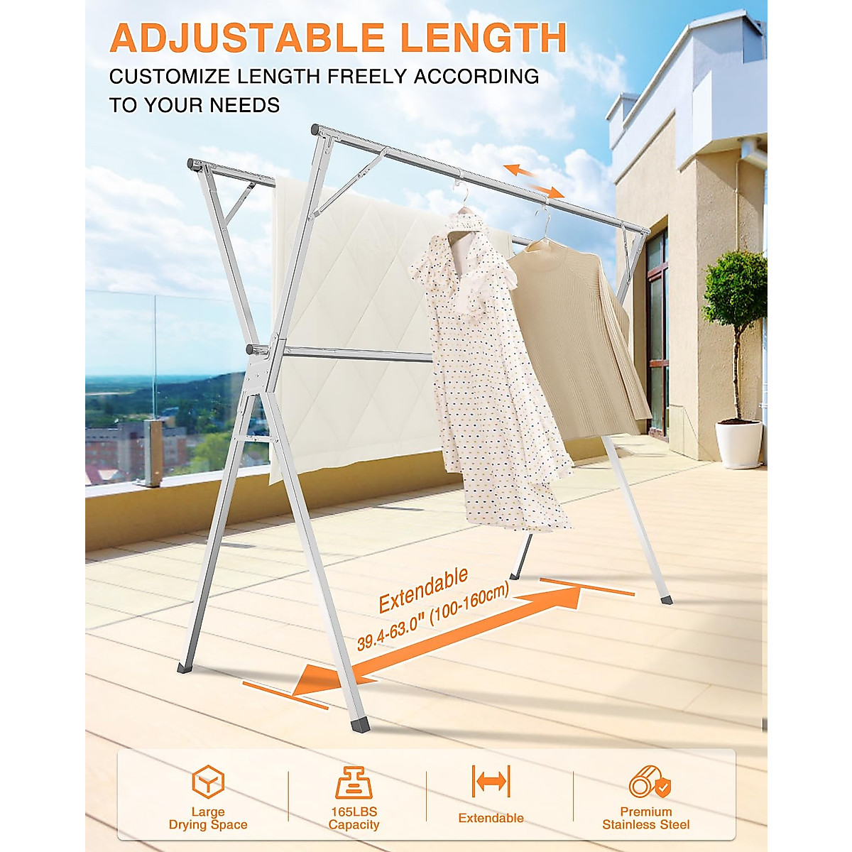 Clothes Drying Rack 63 Inches, Folding Laundry Drying Rack Clothing, Foldable Garment Hanging Drying Rack for Indoor Outdoor, Heavy Duty Collapsible Laundry Hanger Dryer Rack with 20 Windproof Hooks