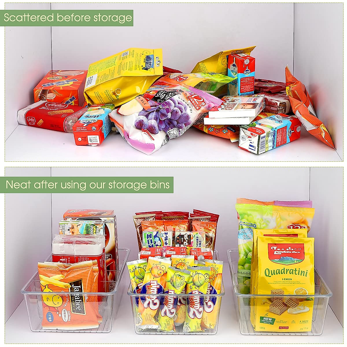 ZIZOTI Food Pantry Organization and Storage Bins 7 Pack Clear Plastic Removable Snack Organizer Racks w 3 Dividers, Great for Organize Packets, Spices, Pouches Stackable Fridge Kitchen, Cabinets