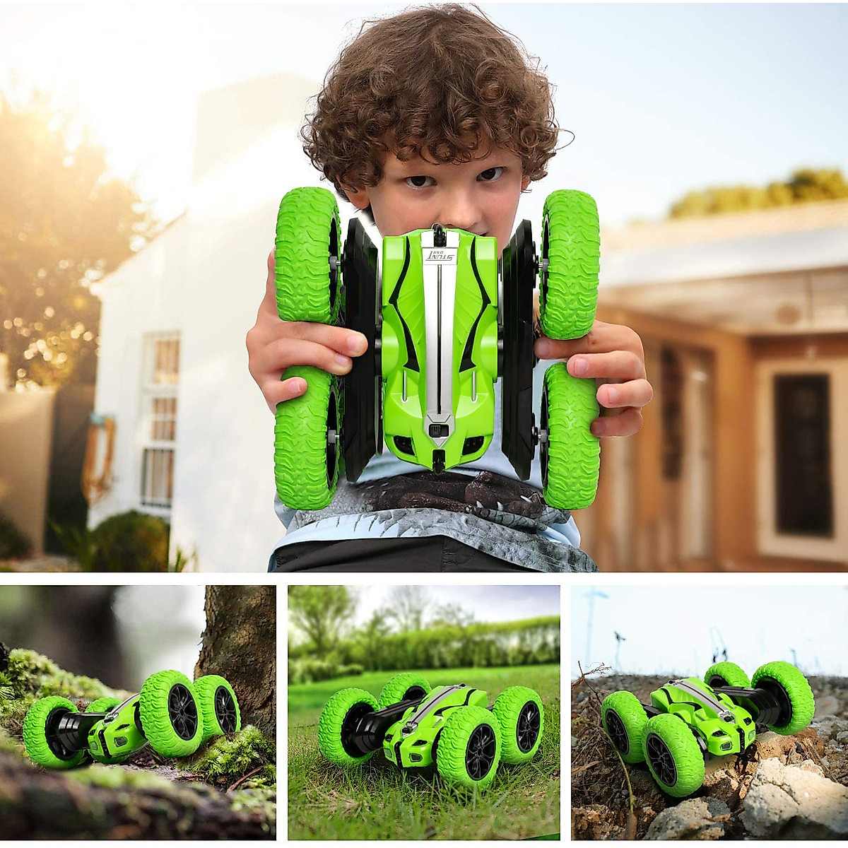 Zyerch RC Car, 4 Wheel Drive Stunt Car Toy for Kids, Hobby RC Crawlers, Double Sided Rotating 360°Remote Control Car, Dual-Color Headlights Blue/Red/Green, (K-02)