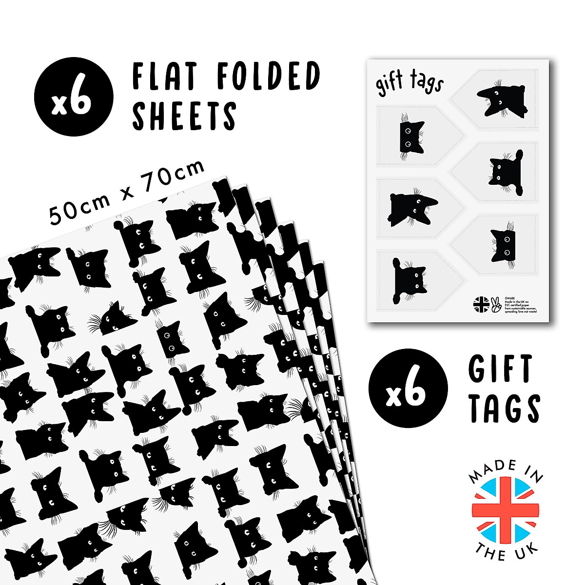 CENTRAL 23 Cat Wrapping Paper - Black Cat - Eco-friendly - 6 Sheets Gift Wrap - For Cat Mom Fur Parent - Comes With Stickers - Gift Wrapping Paper For Christmas Birthday Anniversary Baby Shower