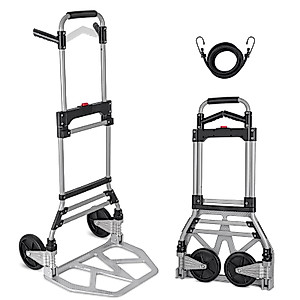 Home-Man Folding Hand Truck, 500 LB Heavy Duty Luggage Cart, Utility Dolly Platform Cart with 4 Wheels and 2 Elastic Ropes for Luggage, Travel, Moving, Shopping, Office Use (500LB, Black)