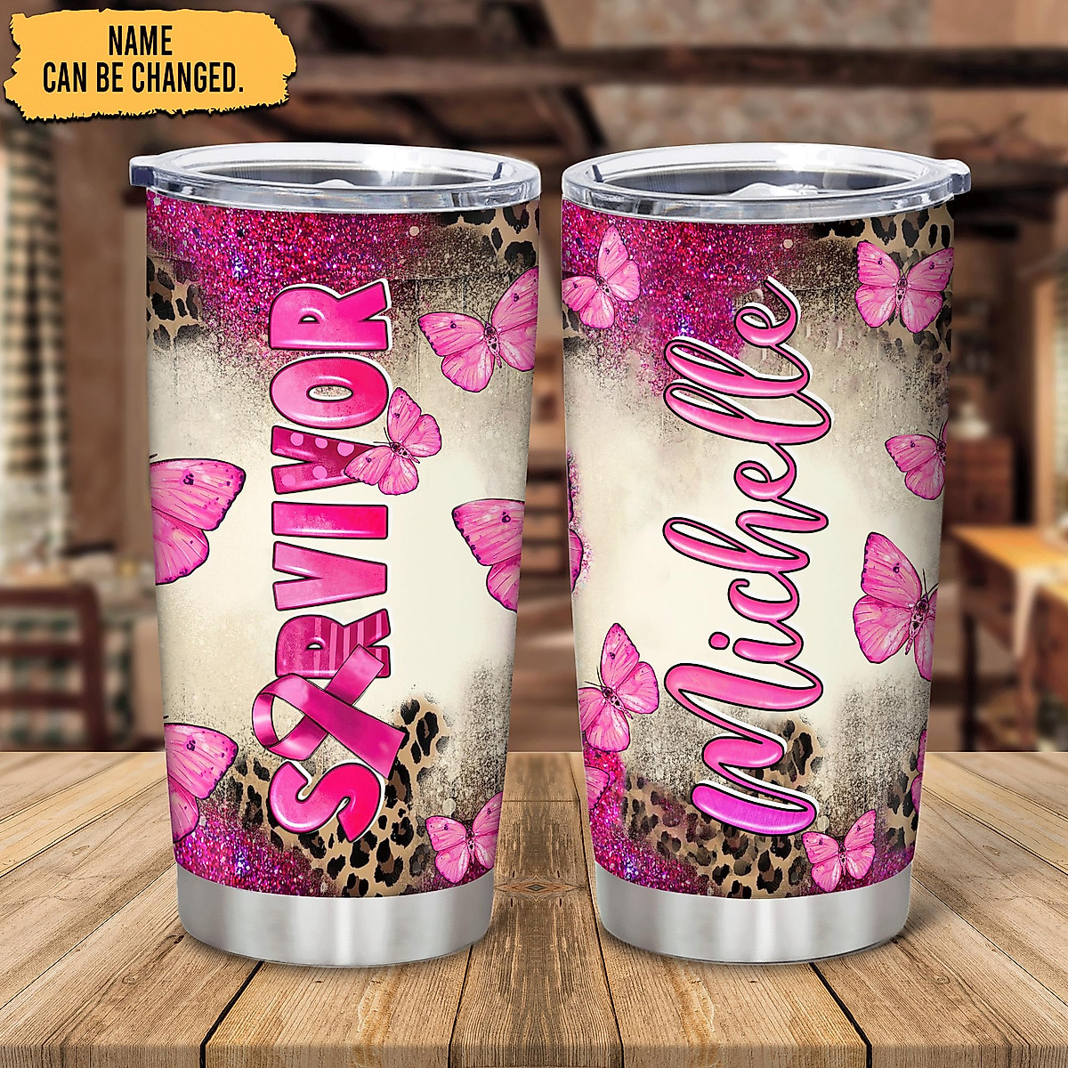 Hyturtle Personalized Breast Cancer Awareness Gifts For Women - Custom Name Stainless Steel Tumbler Coffee 20 oz With Lid - Breast Cancer Survivor Gifts For Friend, Mom On Awareness Month, Christmas
